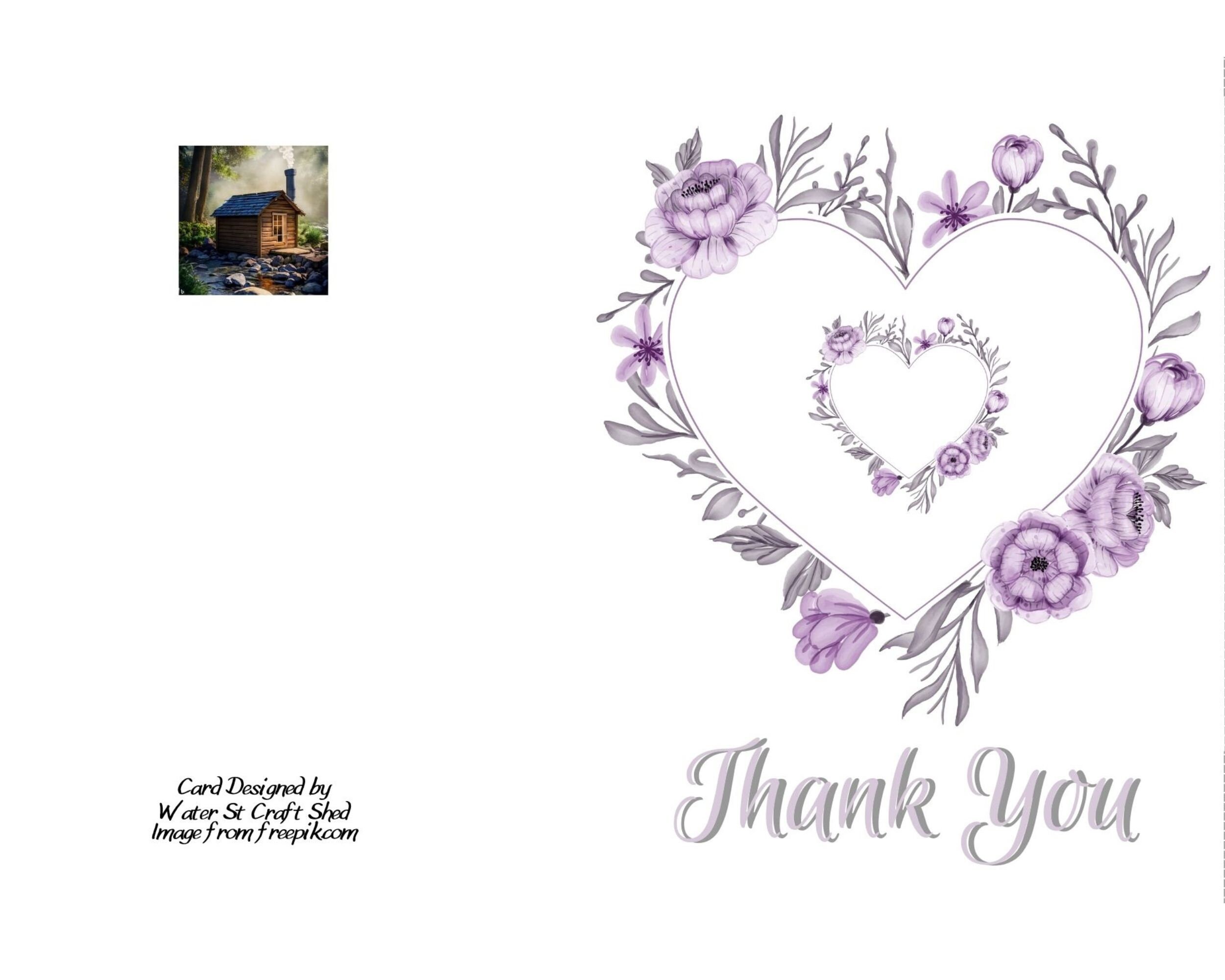 Thank You Card, Purple Floral Heart, Instant Download, 5x7 Printable ...