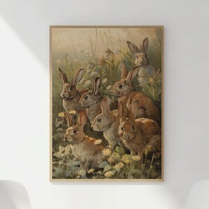 Vintage Easter Printable Art, Rabbit Painting of Bunnies in a Field ...