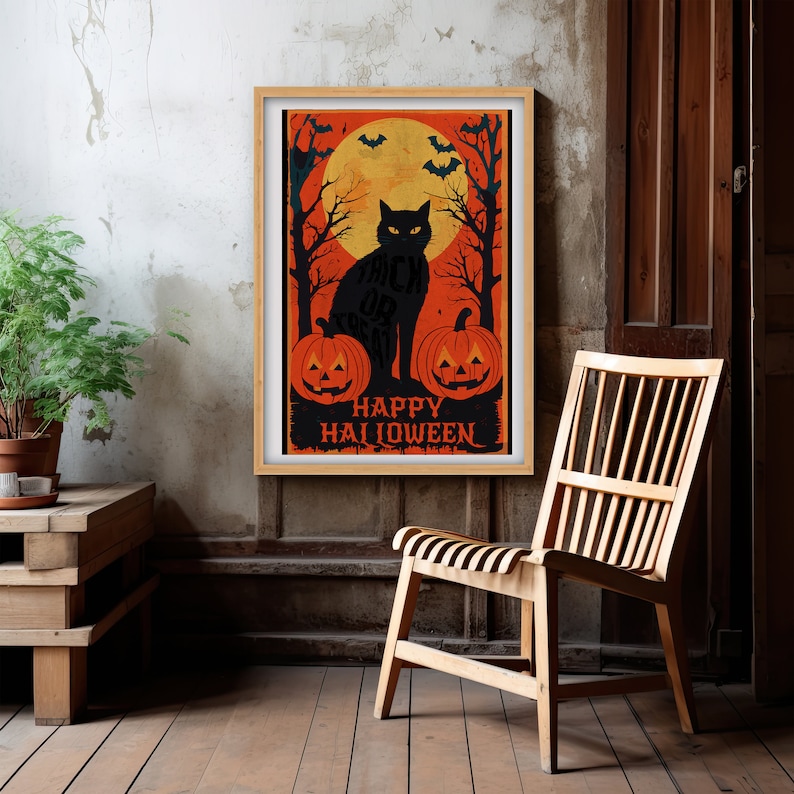 Vintage Halloween Poster With Witch & Black Cat Imagery - Spooky Fall ...