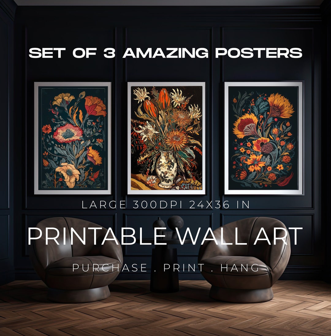 Vintage Floral Wall Art Set of 3 Colorful Wall Art Printable Wall Art ...