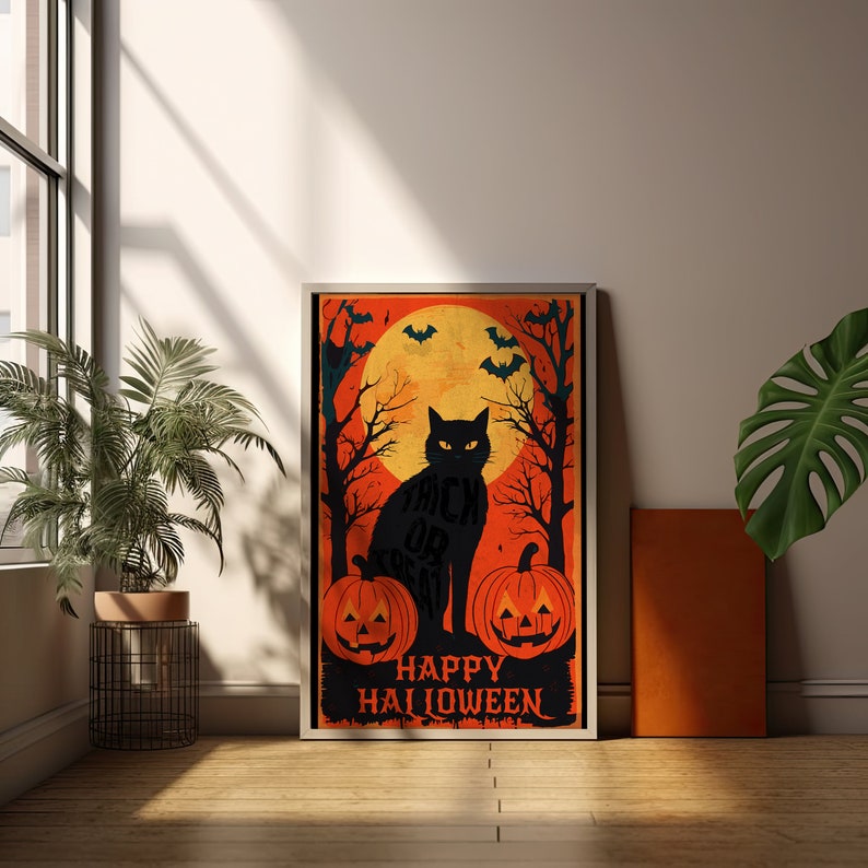 Vintage Halloween Poster With Witch & Black Cat Imagery - Spooky Fall ...