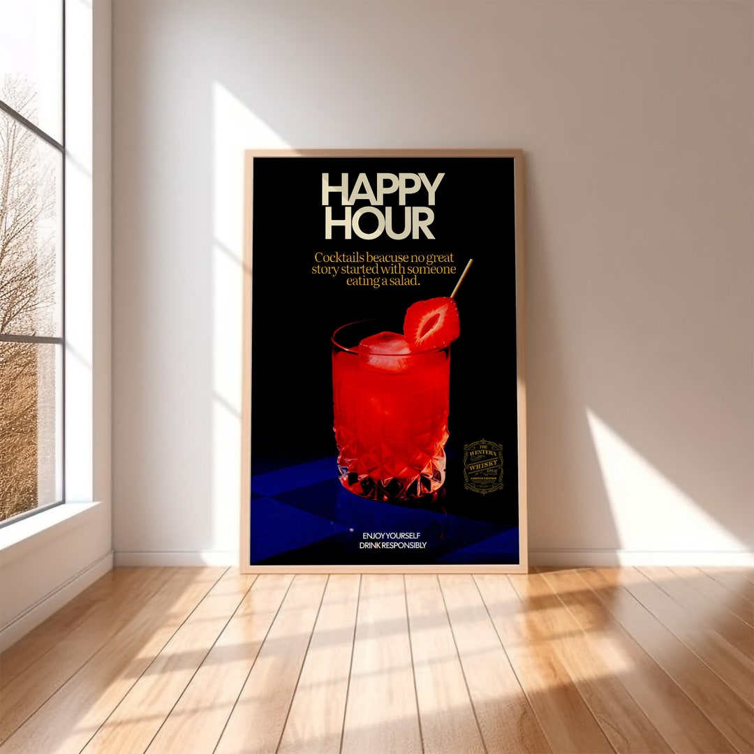Vintage Happy Hour Cocktail Poster - Humorous Coffee Digital Print for ...