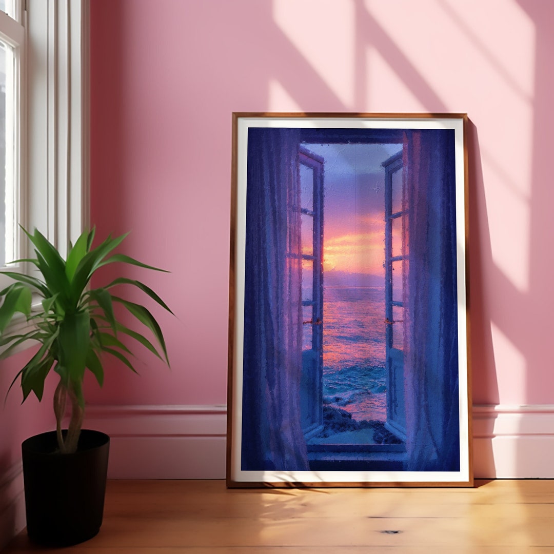 Ocean Sunset View Through Open Window, Serene Seascape Wall Art ...