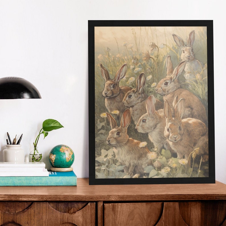 Vintage Easter Printable Art Rabbit Painting of Bunnies in a - Etsy