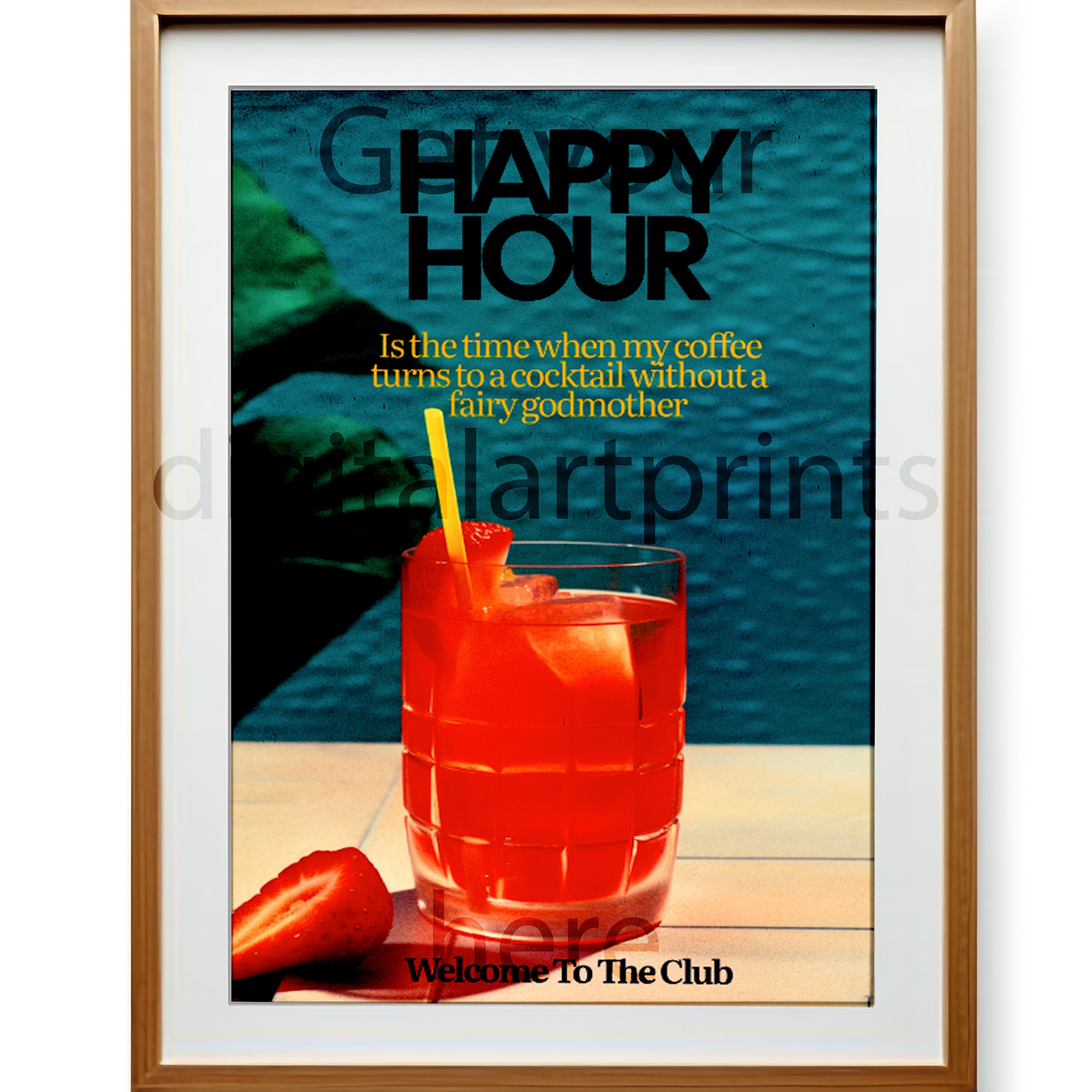Vintage Happy Hour Cocktail Poster - Humorous Coffee Digital Print for ...