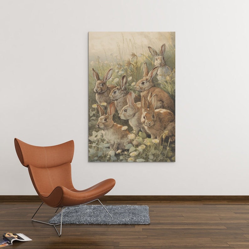 Vintage Easter Printable Art Rabbit Painting of Bunnies in a - Etsy