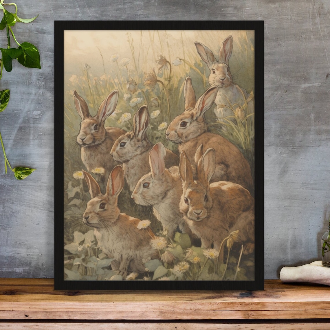 Vintage Easter Printable Art Rabbit Painting of Bunnies in a - Etsy