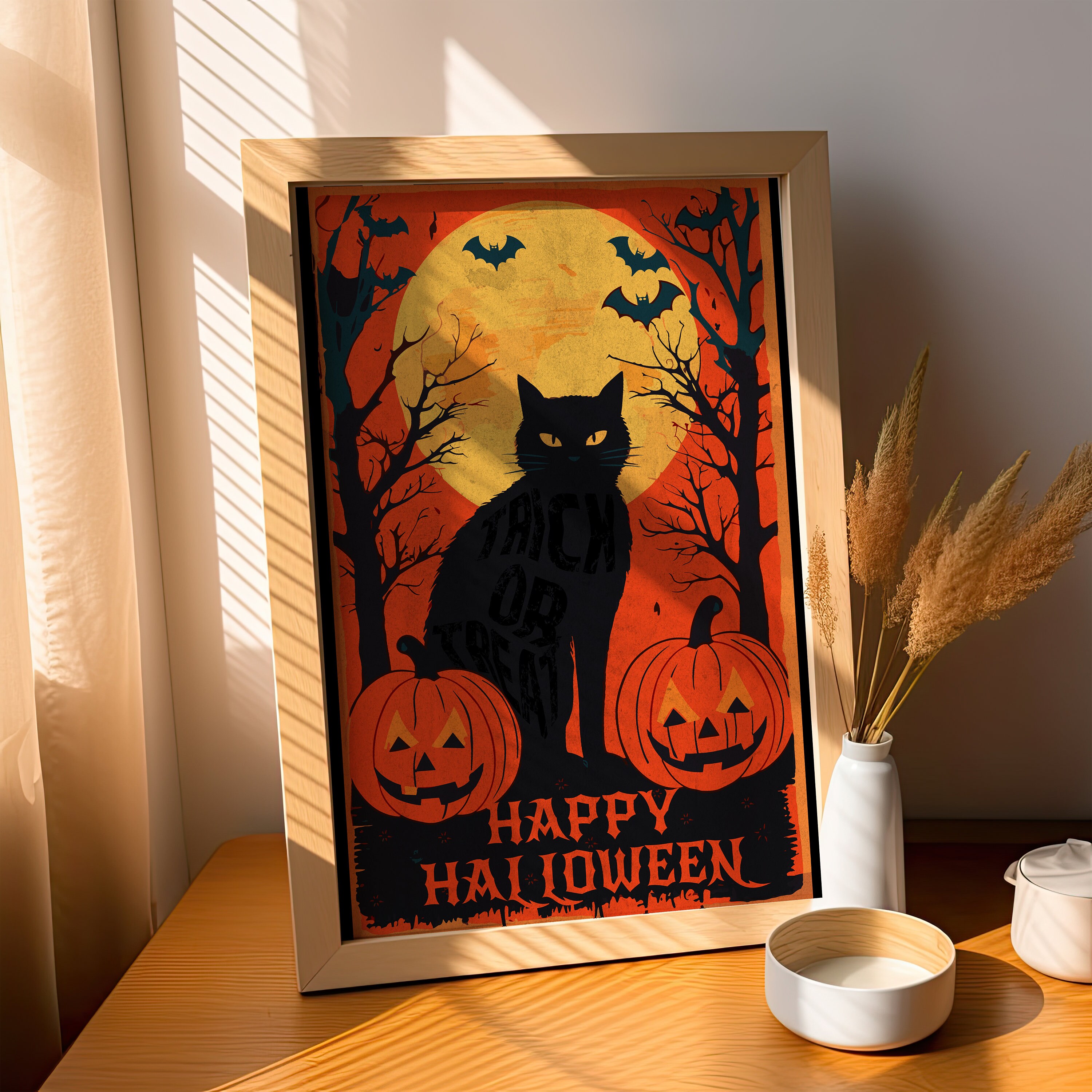 Vintage Halloween Poster With Witch & Black Cat Imagery Spooky Fall ...