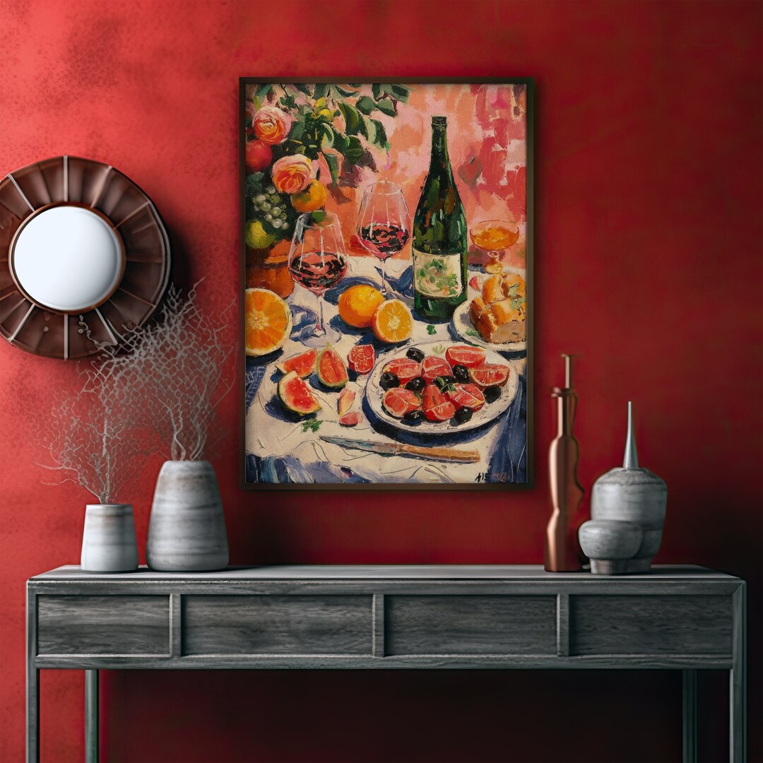 Vibrant Wine and Tapas Table Art Print, Colorful Matisse-style Kitchen ...