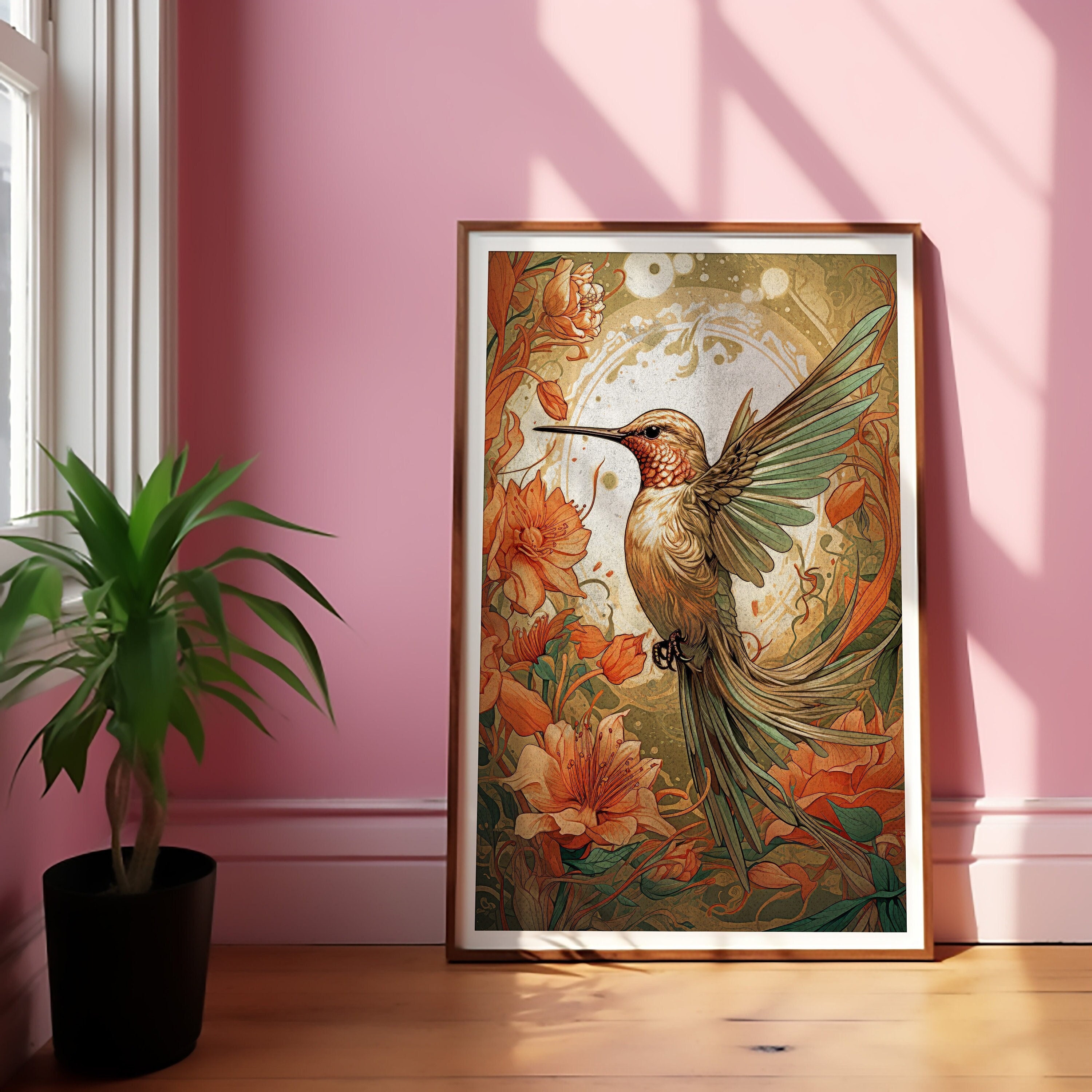 Alfonse Mucha Inspired Hummingbird Art - Enchanted Garden Watercolor ...