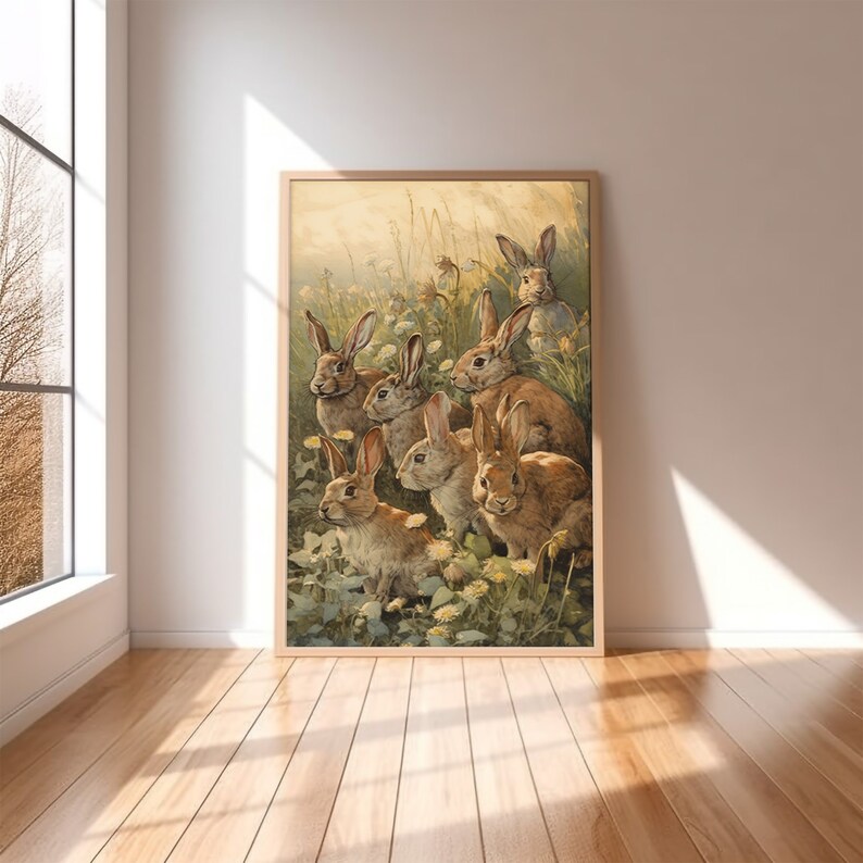 Vintage Easter Printable Art Rabbit Painting of Bunnies in a - Etsy