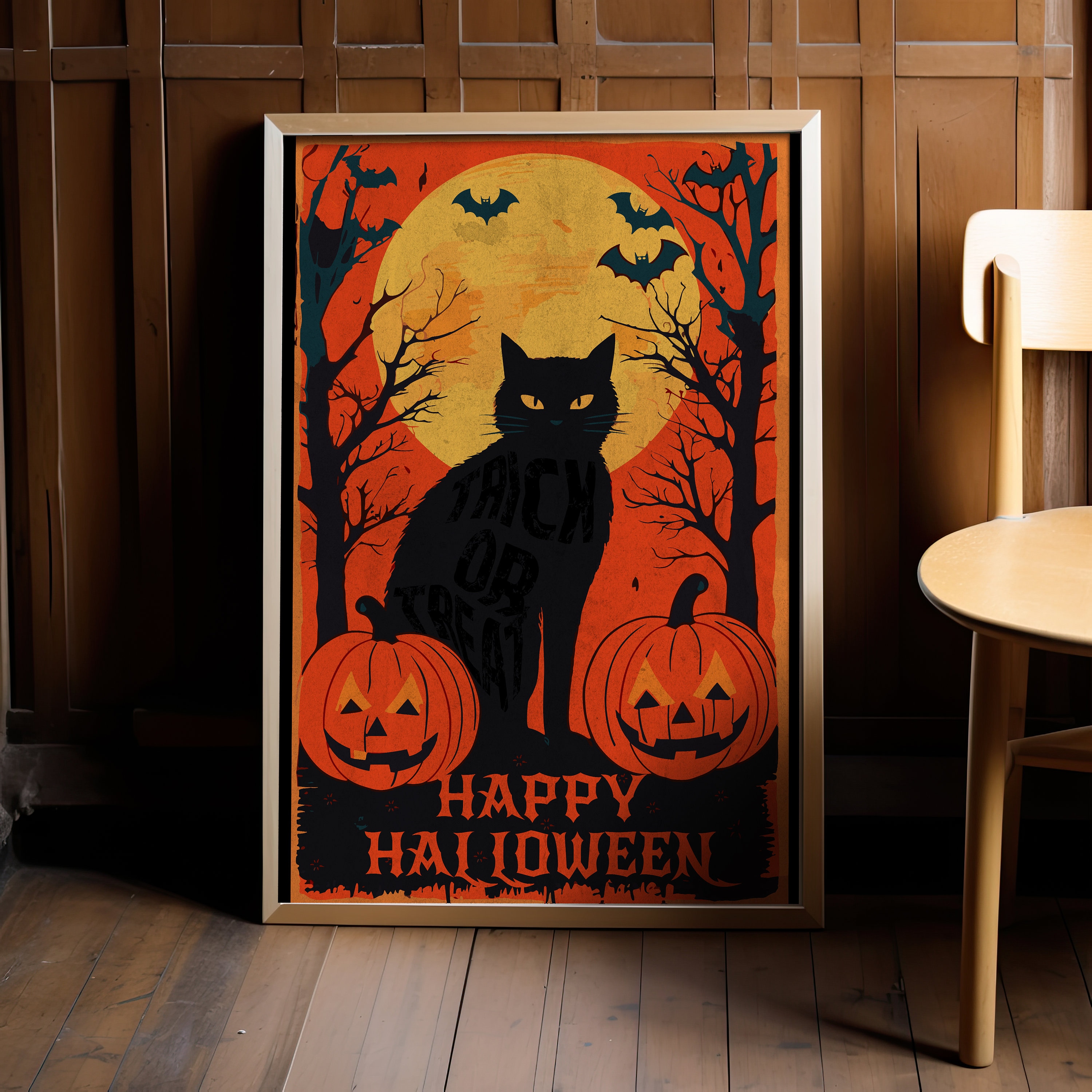 Vintage Halloween Poster With Witch & Black Cat Imagery - Spooky Fall ...