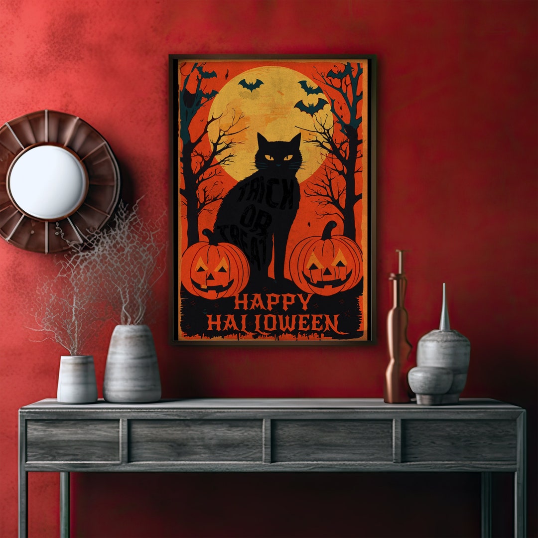 Vintage Halloween Poster With Witch & Black Cat Imagery - Spooky Fall ...