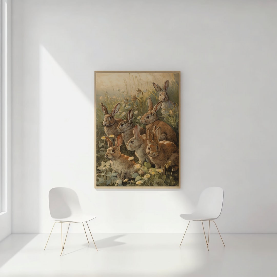 Vintage Easter Printable Art, Rabbit Painting of Bunnies in a Field ...