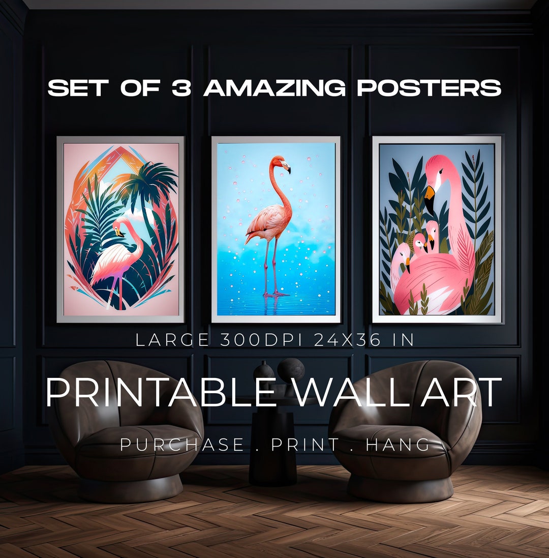 Set of 3 Prints Tropical Flamingo Pink Botanical Equatorial Jungle ...