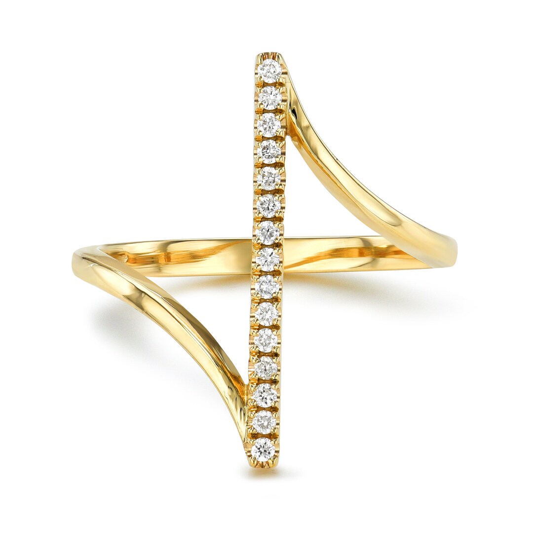 14K, 18K Diamond Bar Ring I French Pave Diamond Bar Ring I Vertical ...