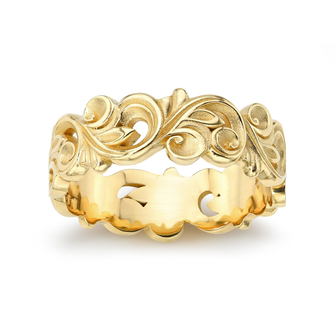 14K Floral Flower Ring I Floral Eternity Band I 6.70 MM Wide Flower ...
