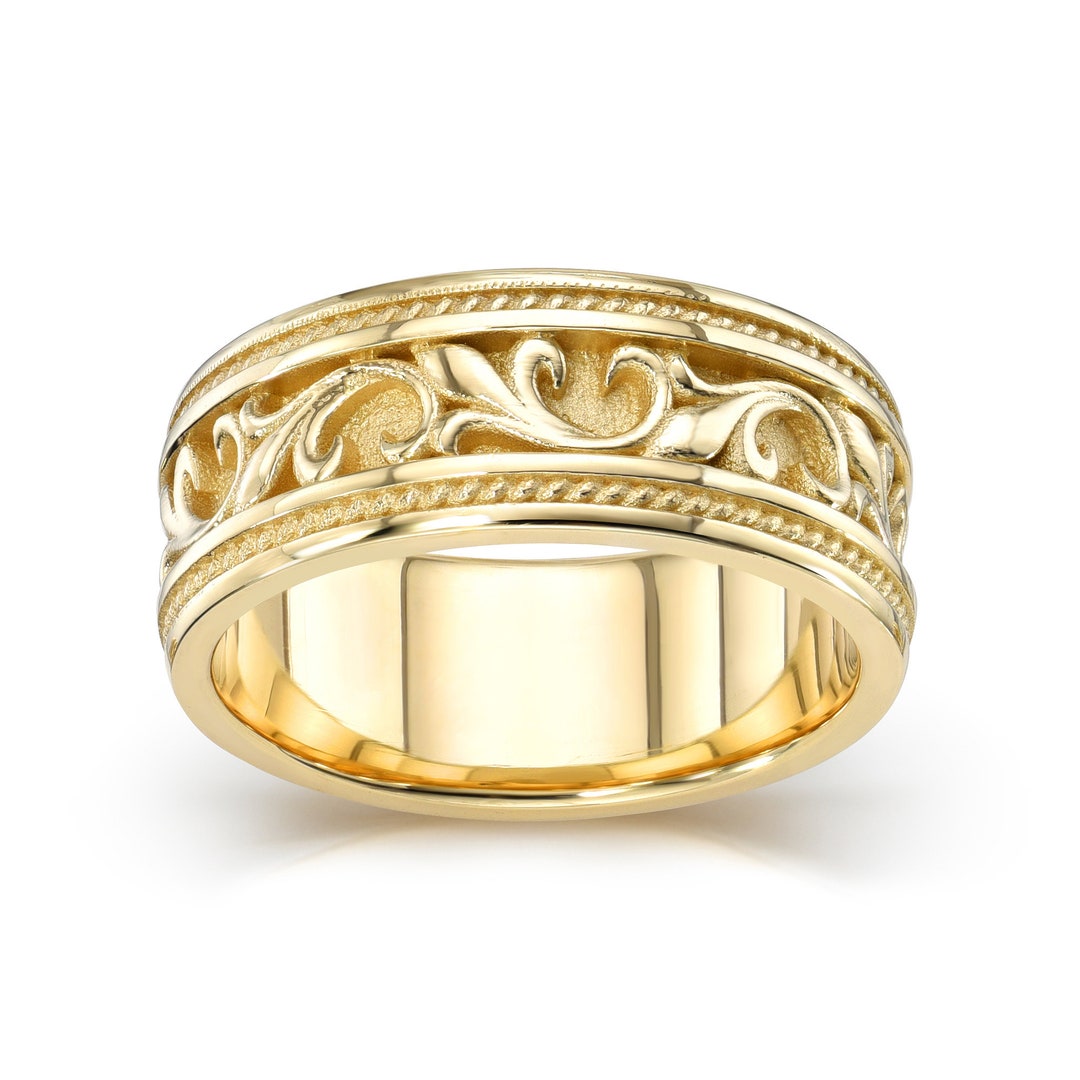 14K Gold Floral Pattern Wedding Band I Solid Gold Wedding Band I Mens 7 ...