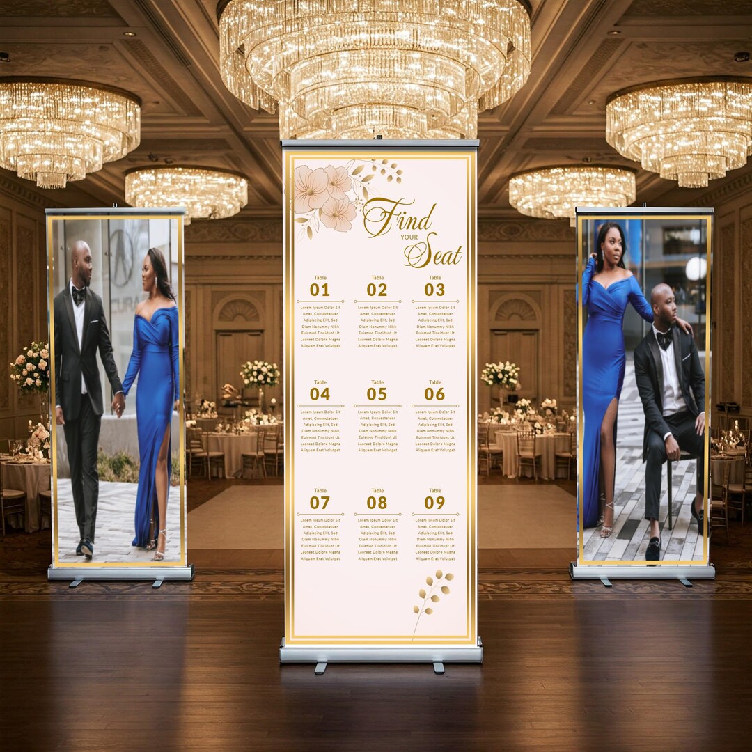 Three Customizable Photos & Wedding Seating Chart Retractable Banner ...