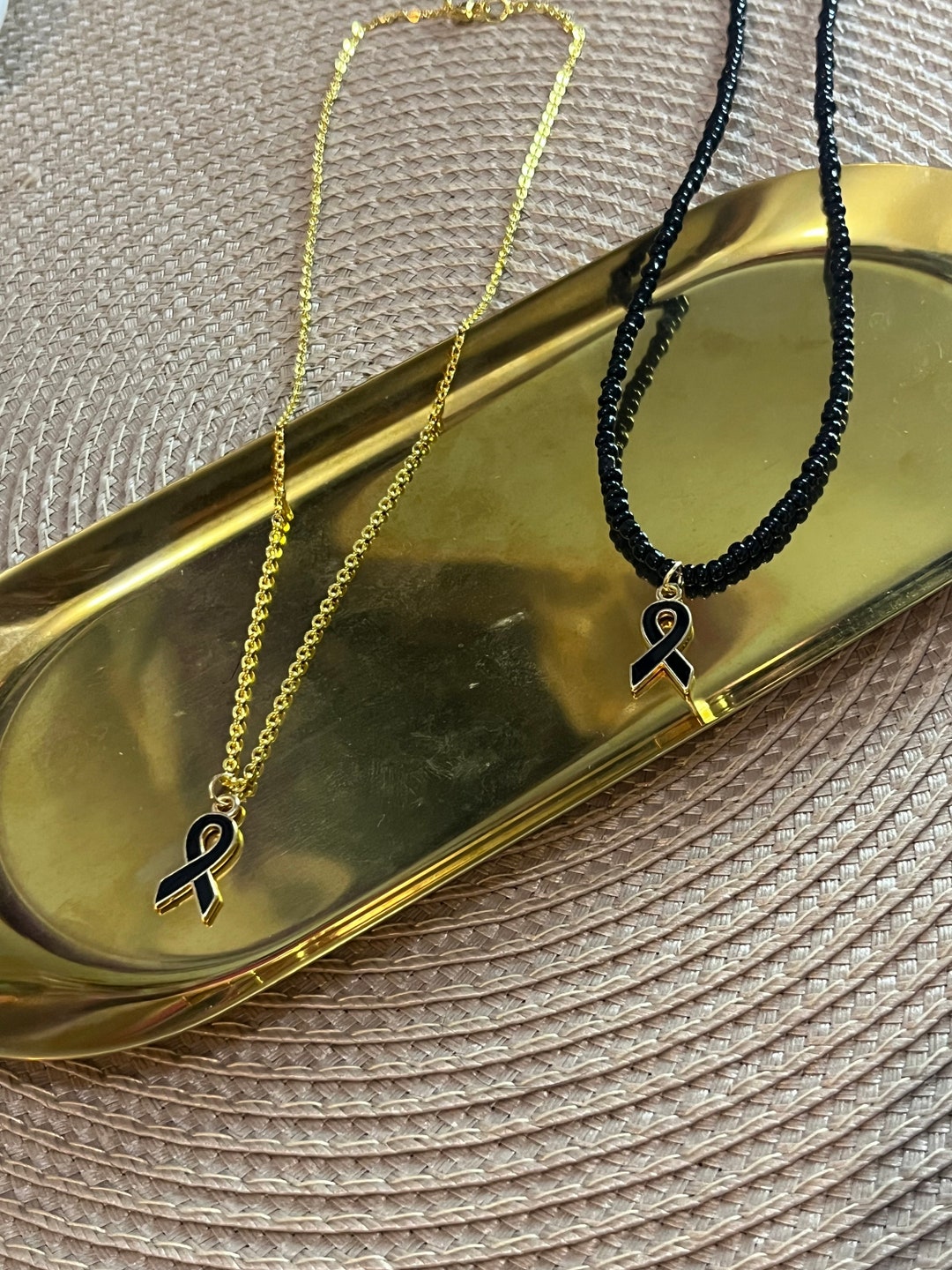 Skin Cancer Ribbon Necklace 18 Black Seed Bead or Gold Chain Cancer ...