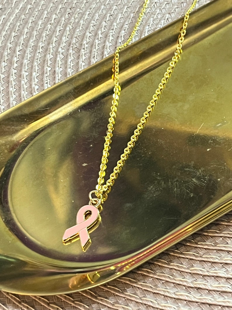 Breast Cancer Pink Ribbon Necklace 18 Inch Gold Base Seed Bead or Gold ...