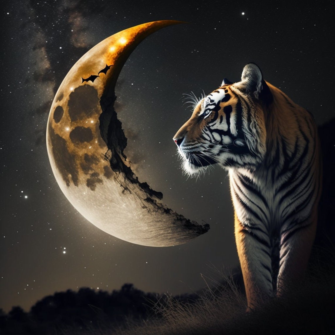 Tiger - Moon, Nature, Dark, Feast, Digital Art Print, AI Generated ...