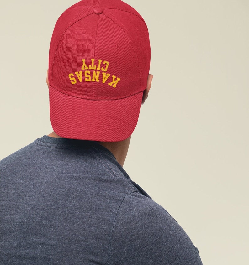 Kansas City Upside Down Logo Dad Hat Red Hat and Embroidered Design ...