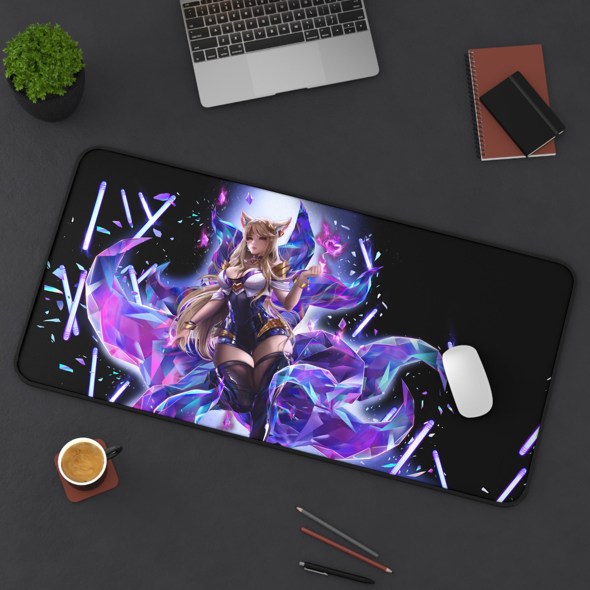 League of Legends Ahri KDA Fan Art XL Desk Mat 15 H X 31 w Anti Slip Backing Hemmed Edges MOBA ...