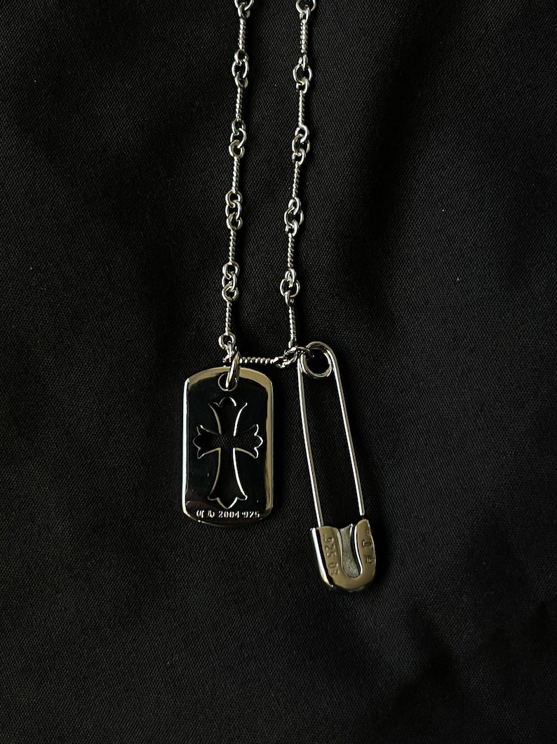 Cross Dog Tag and Safety Pin Chrome Heart Necklace Silver - Etsy