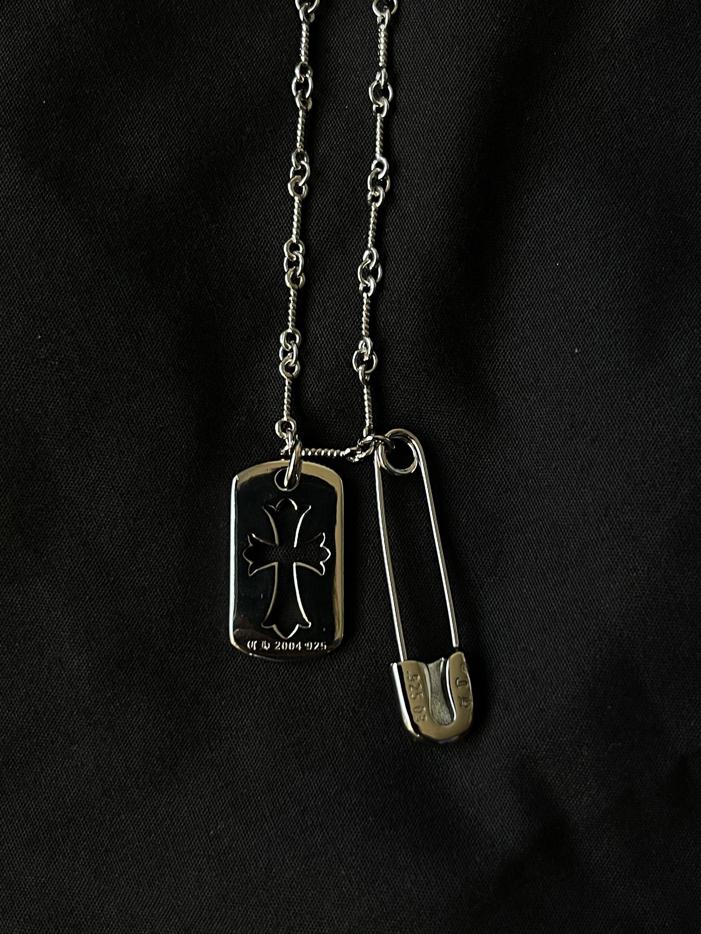Cross Dog Tag and Safety Pin Chrome Heart Necklace Silver - Etsy