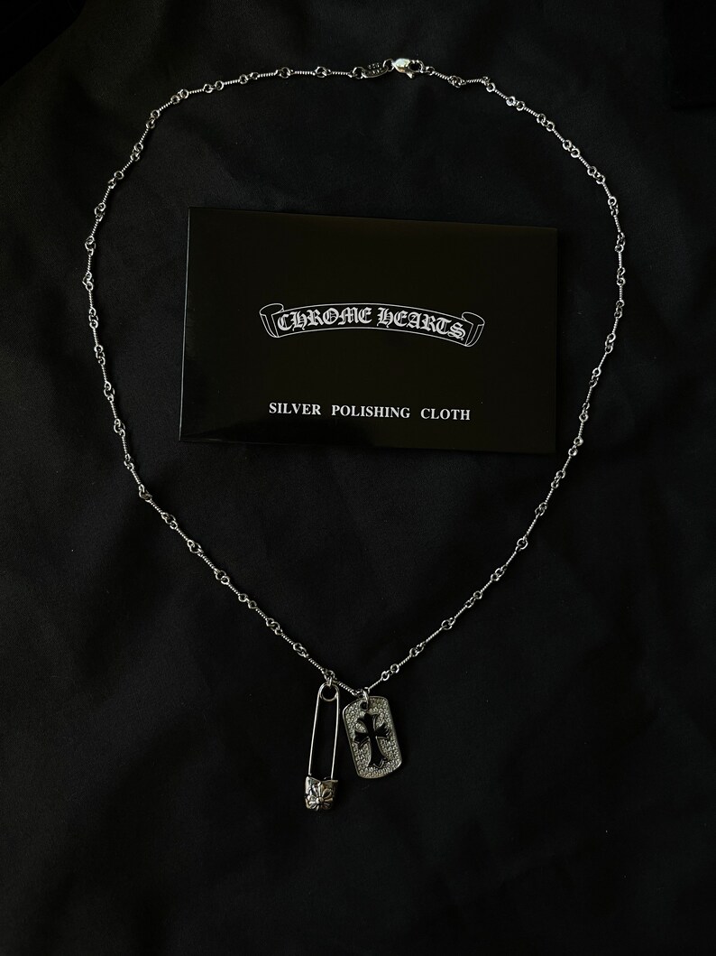 Cross Dog Tag and Safety Pin Chrome Heart Necklace Silver - Etsy