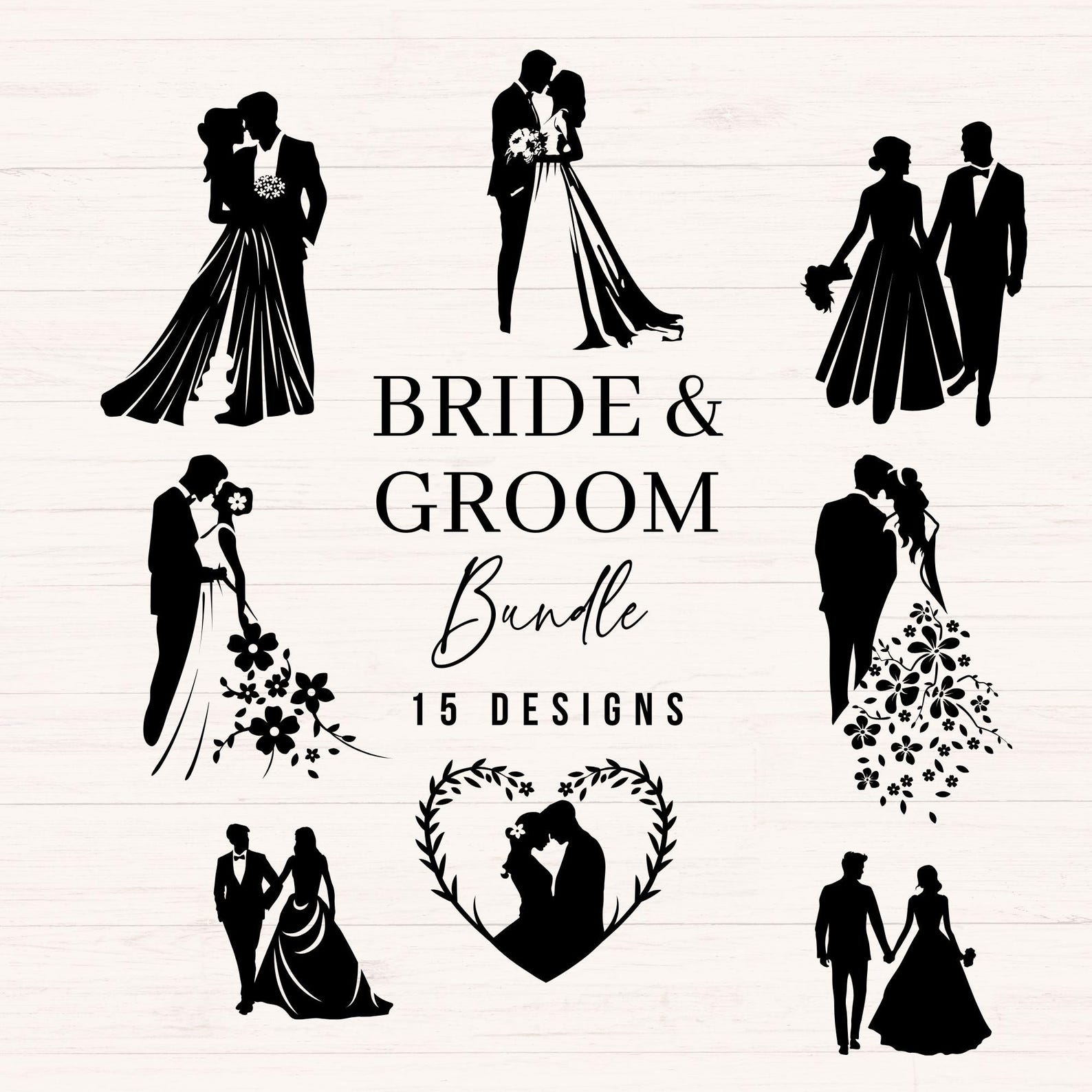 Bride and Groom SVG Bundle | 15 Hand Drawn Wedding Couple Silhouettes ...