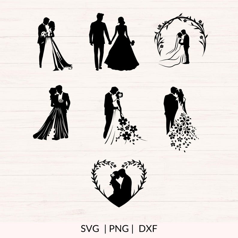 Bride and Groom SVG Bundle | 15 Hand Drawn Wedding Couple Silhouettes ...