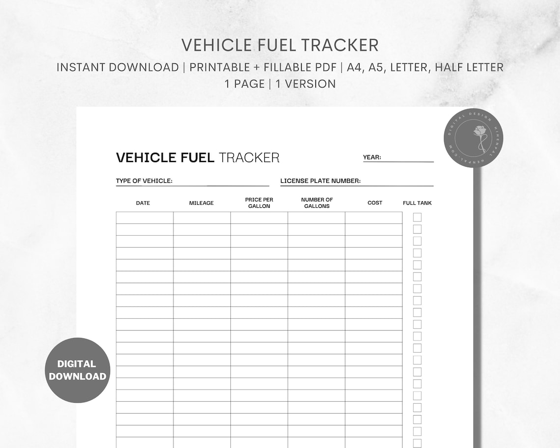 Vehicle Fuel Tracker Printable Template for Gas Tracker Gas Log Fuel ...