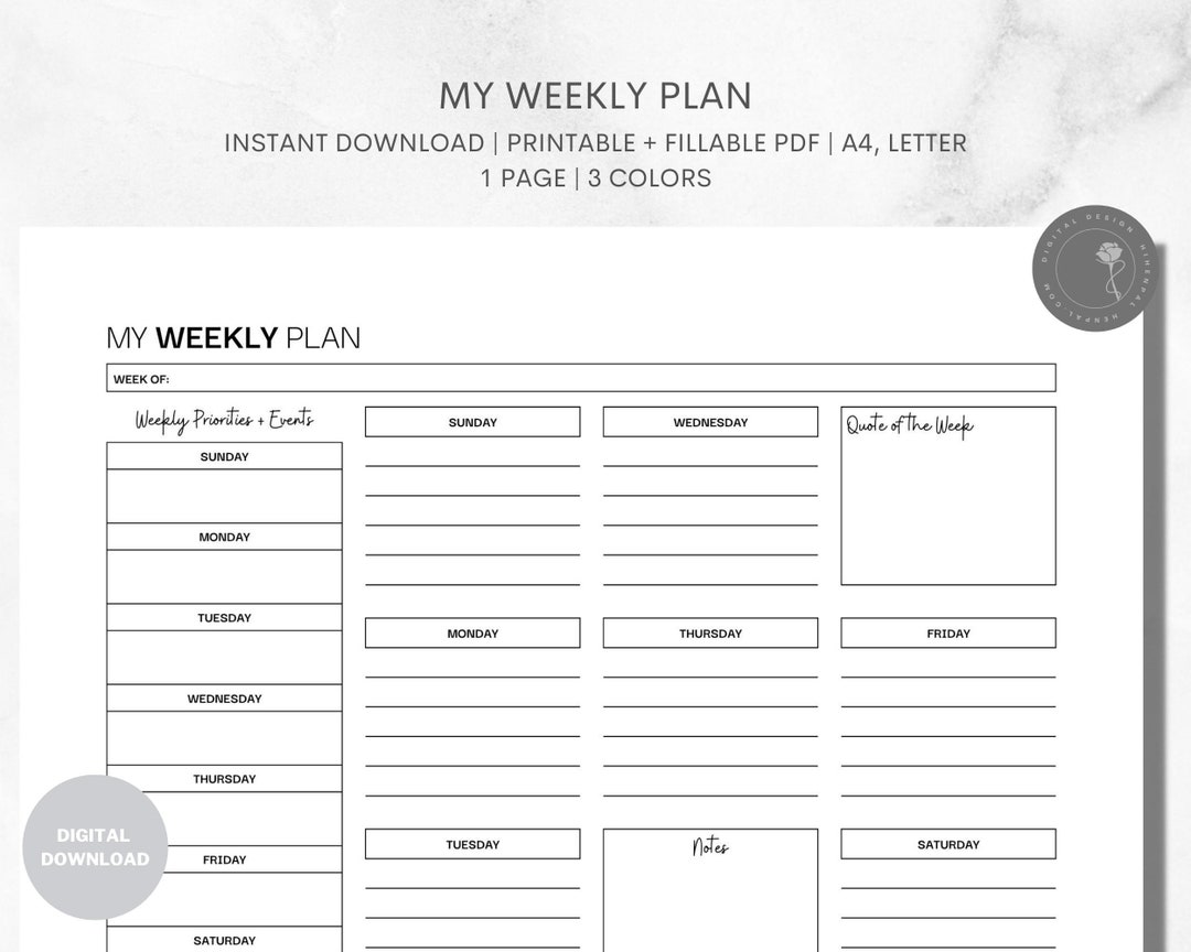 My Weekly Plan Template Printable Fillable PDF for Weekly Planner ...