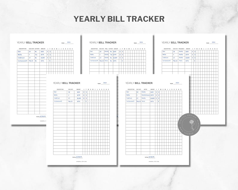 Yearly Bill Tracker Printable Template for Financial Plan Money Tracker ...