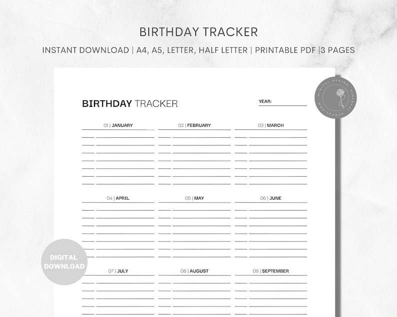 Birthday Tracker Printable Template for Birthday Organizer - Etsy