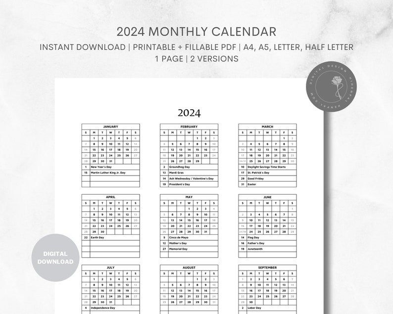 2024 Monthly Calendar Fillable Printable Calendar Monthly Organizer ...