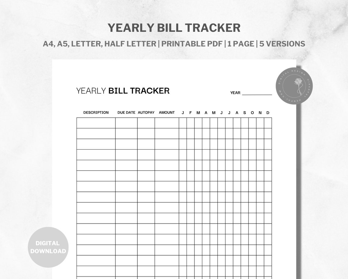 Yearly Bill Tracker Printable Template for Financial Plan Money Tracker ...