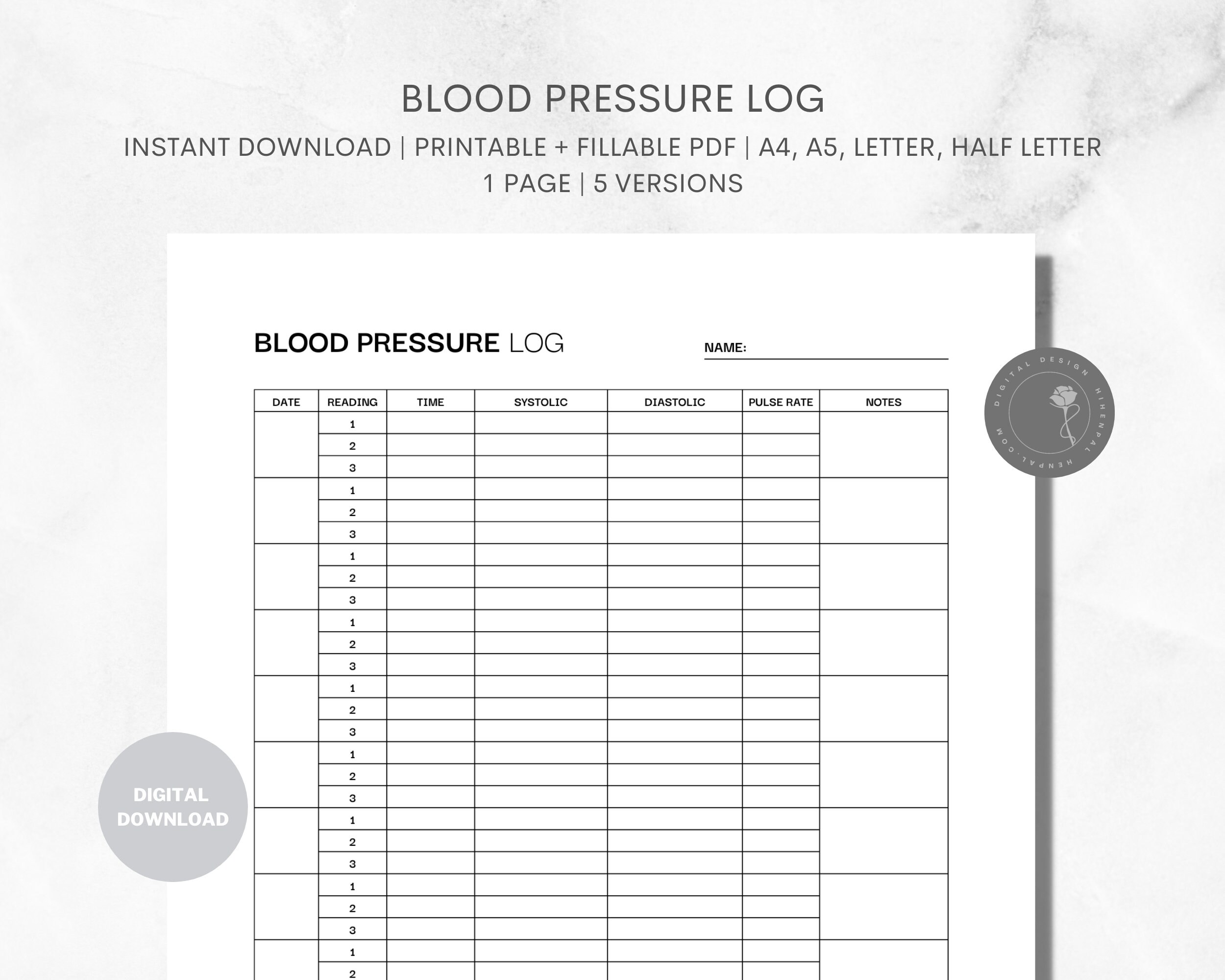 Blood Pressure Log Printable Template for Blood Pressure Tracker Daily ...