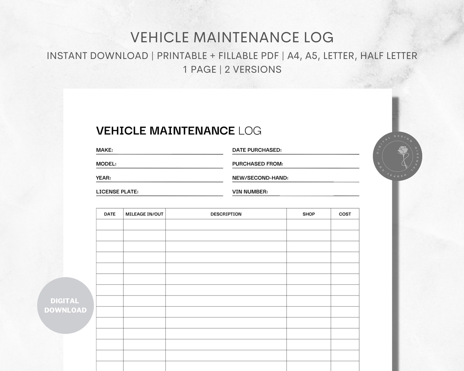 Vehicle Maintenance Log Printable Template for Vehicle Service Tracker ...
