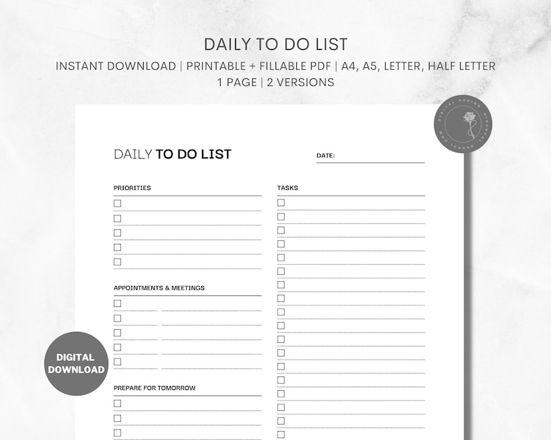 Daily to Do List Printable Template Daily Task List Daily Planner Daily ...