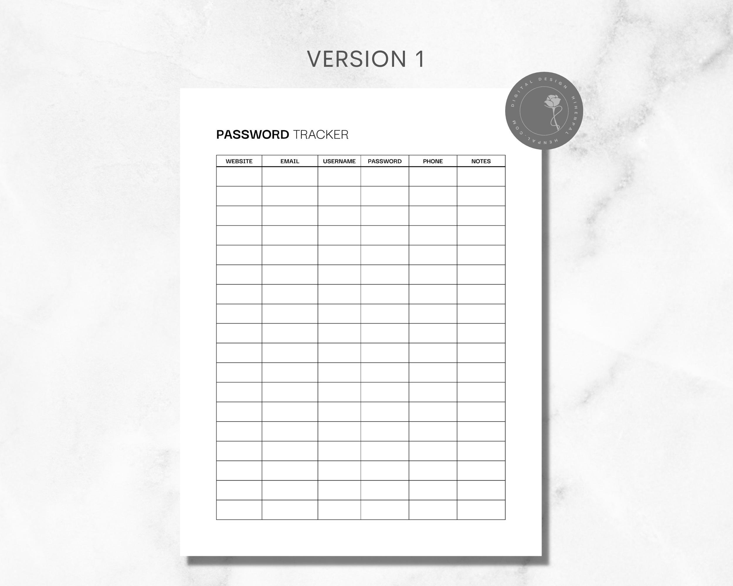 Password Tracker Printable Fillable Template For Password Organizer