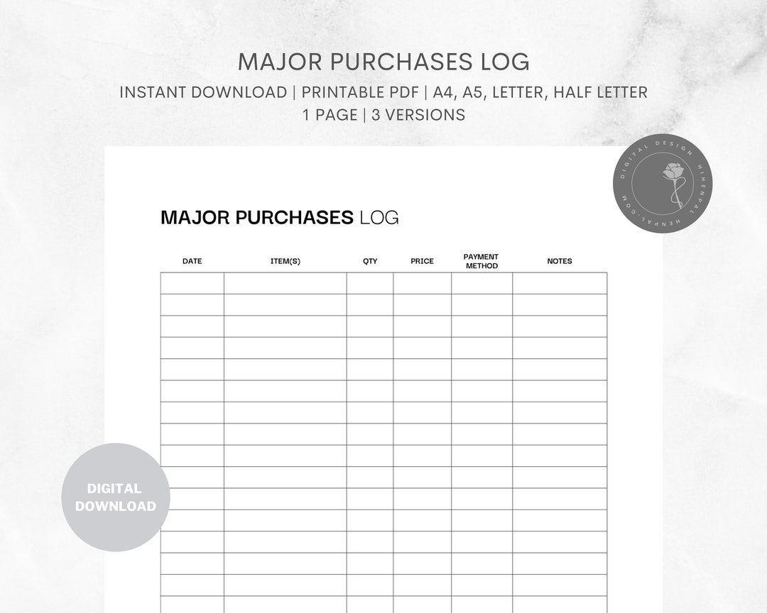 Major Purchases Log Printable Template for Expense Tracker Purchase ...