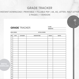 Grade Tracker Printable Fillable PDF Assignment Log School Organizer ...