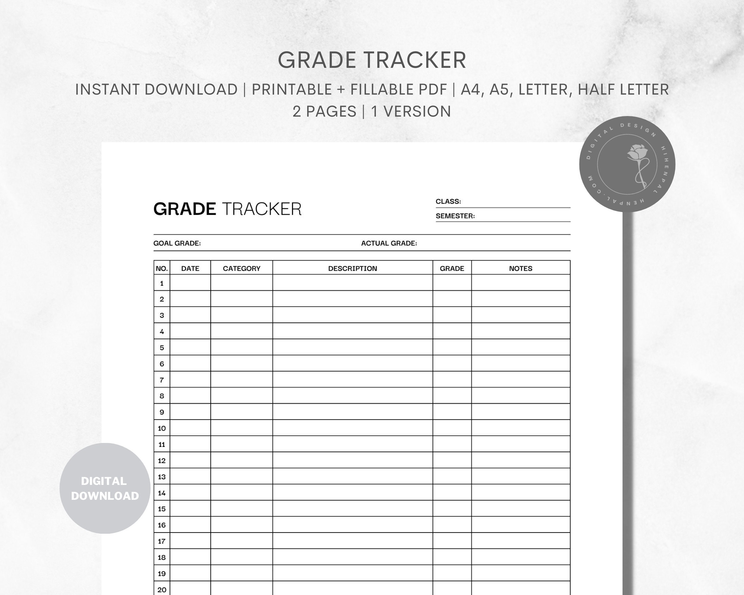 Grade Tracker Printable Fillable PDF Assignment Log School Organizer ...