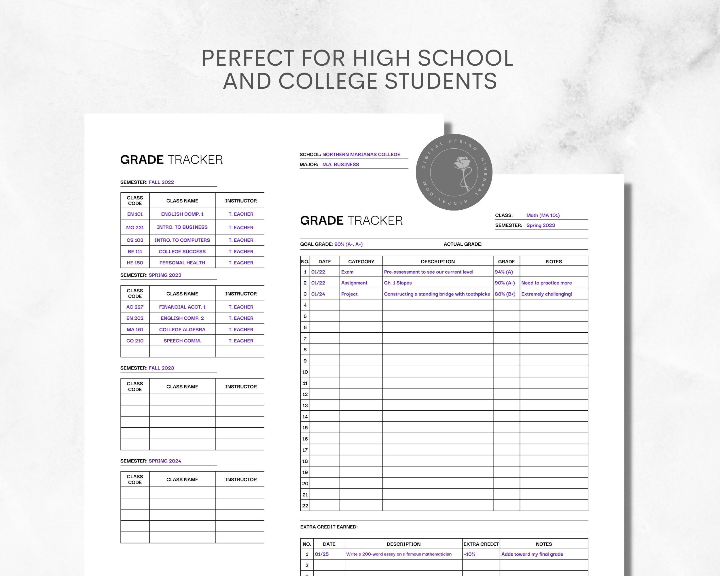 Grade Tracker Printable Fillable PDF Assignment Log School Organizer ...