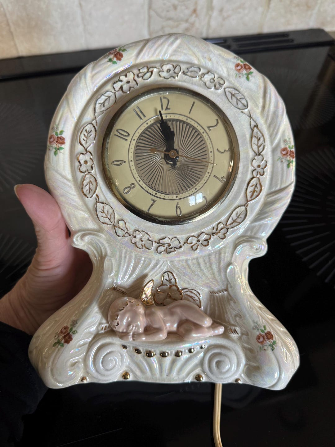 Vintage Desk Pearl Clock With Angel. Stamped Holland Mold Company and ...
