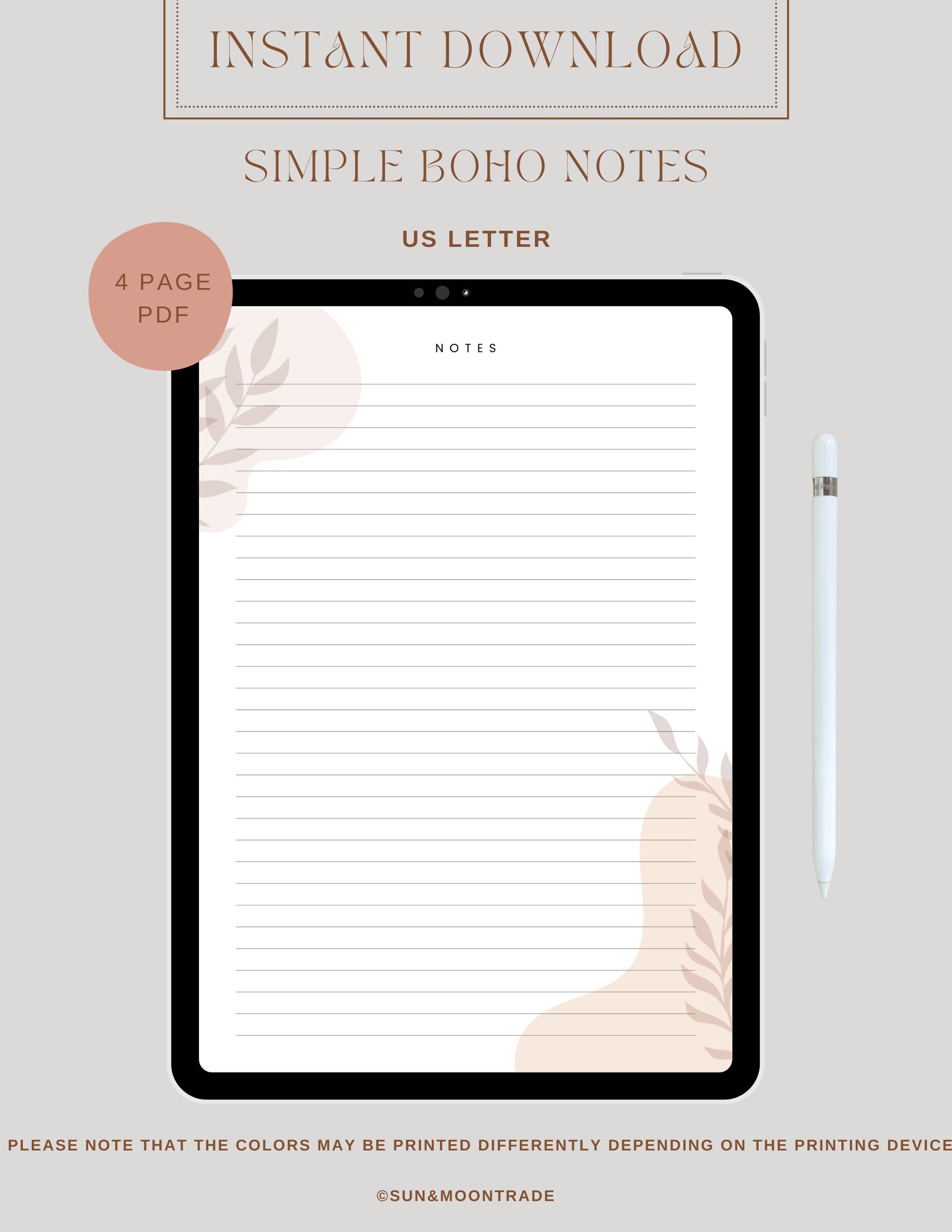 Simple Boho Notes Pages | Printable Letter File | Digital Notes File - Etsy