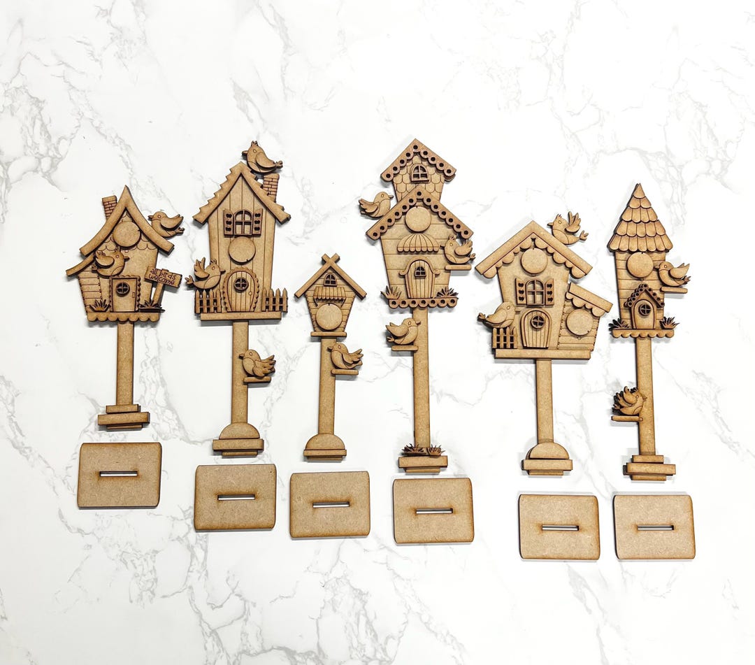 Tall Standing Birdhouse Set – Rustic Farmhouse Shelf Decor, Wooden ...